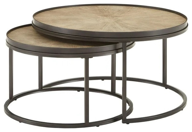 Modern Round Nesting Coffee Table, Wood, Metal, 2-Piece Set, Gray Oak ...
