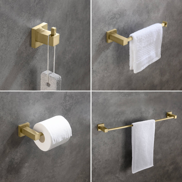 Cube 4 Piece Hardware Set, Brushed Gold - Transitional - Towel Bars And ...