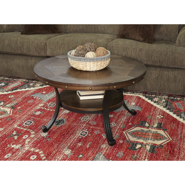 Industrial Round Coffee Table with Curved Legs and Nailhead Trim ...