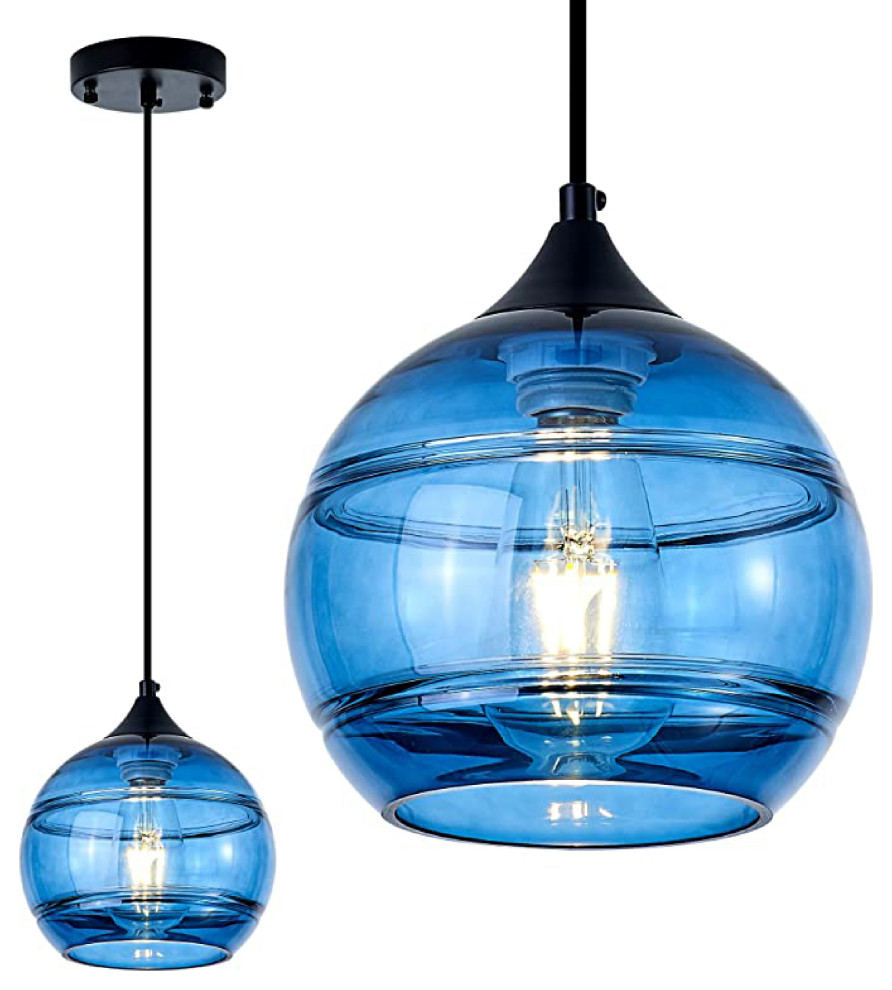 1Light blue pendant light Modern kitchen counter lights Round glass ...