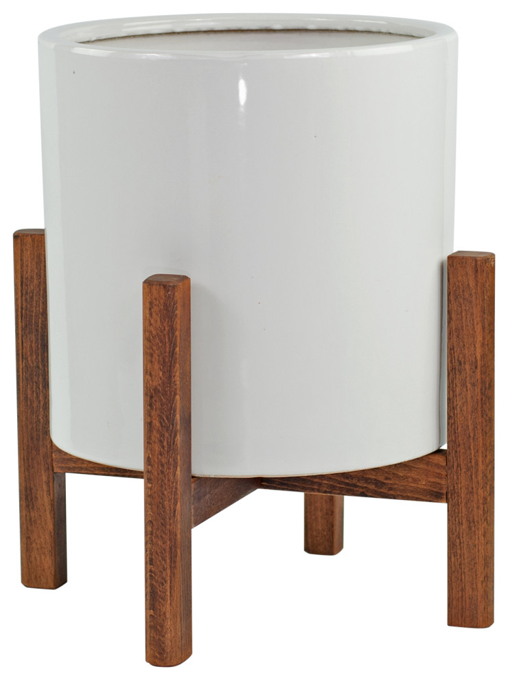 Extra Large Ceramic Planter 13'' White With Plant Stand Walnut Color ...