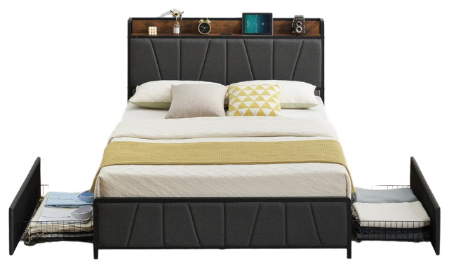 Unique Platform Bed, Gray Upholstered Headboard With Shelf & USB Ports ...