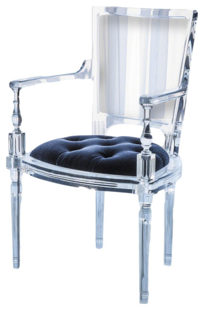 Luxe Clear Acrylic Arm Chair, Dining Dark Blue Tufted Mohair Velvet ...