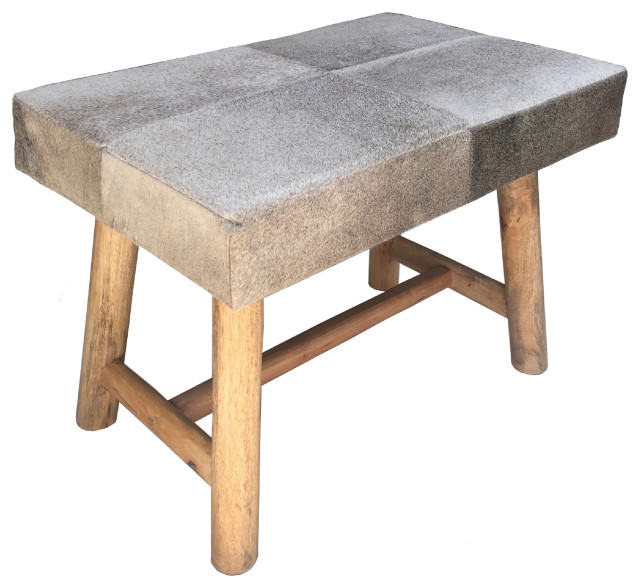 THALIA Grey Cowhide Bench with Rustic Wooden Legs - Midcentury - Vanity ...
