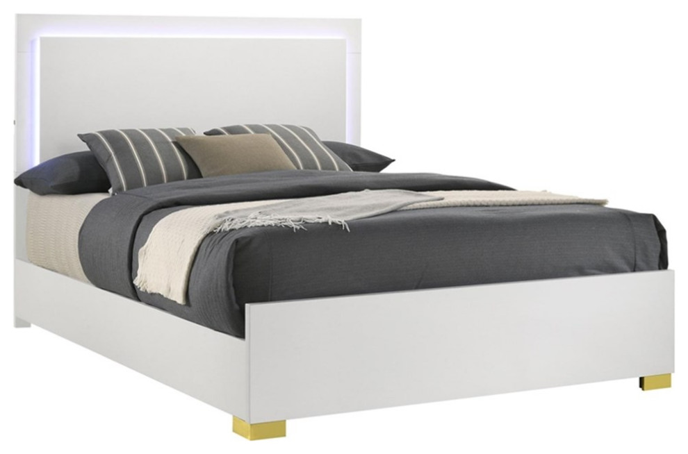 Coaster Contemporary Wood Queen Bed with LED Lighting in White/Gold ...