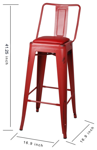Highback Red Metal Bar Stools, Red Vegan Leather Seat, Set of 1 ...