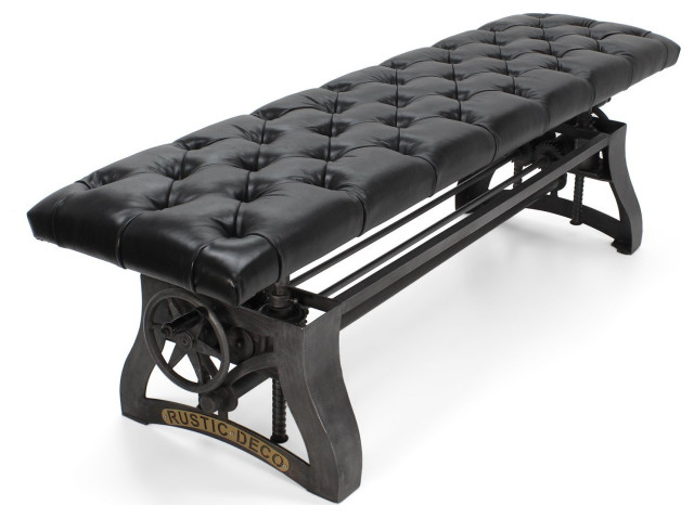 Crescent Industrial Dining Bench - Adjustable Iron Base - Black Leather ...