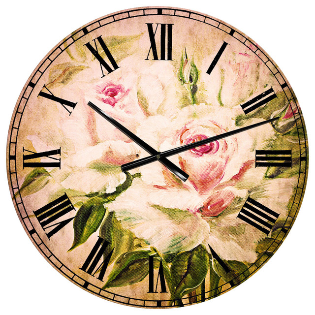 Three Pink Roses Floral Round Metal Wall Clock, 23x23 - Contemporary ...