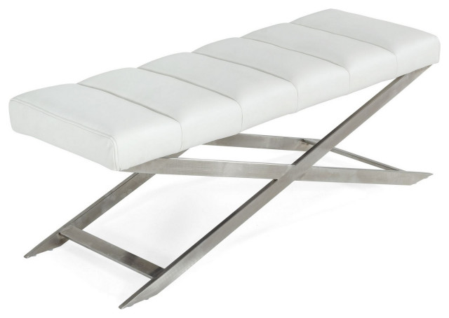 Benzara BM277343 Cid Vegan Faux Leather Bench With Steel Legs, White ...