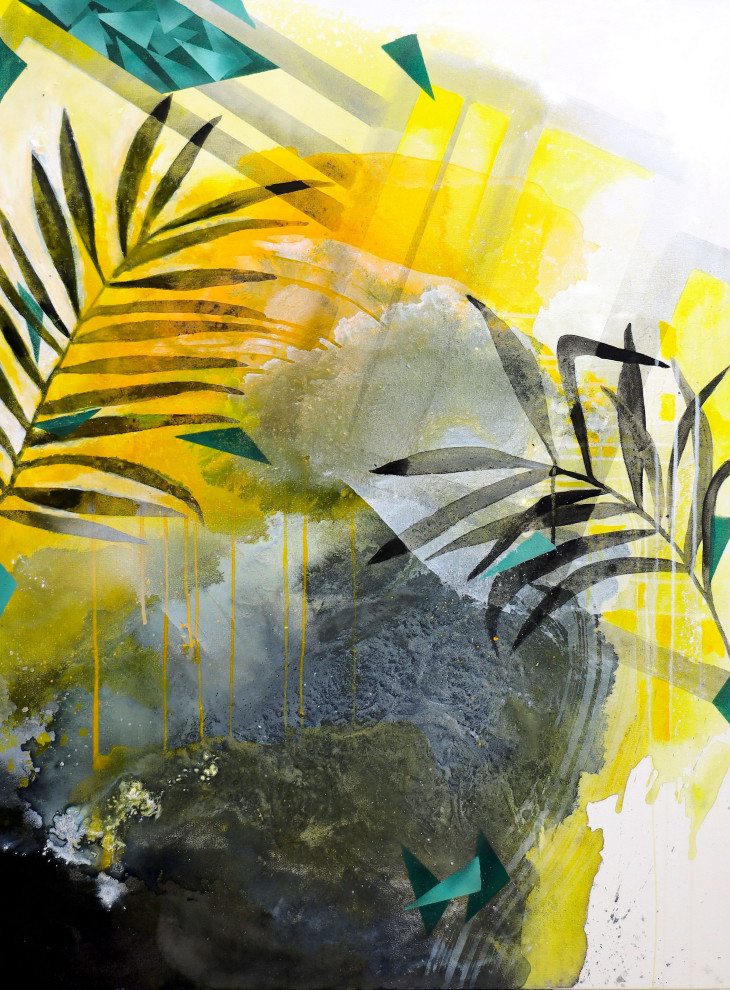 Yellow Abstract landscape painting, plam leaf art, Tropical acrylic ...