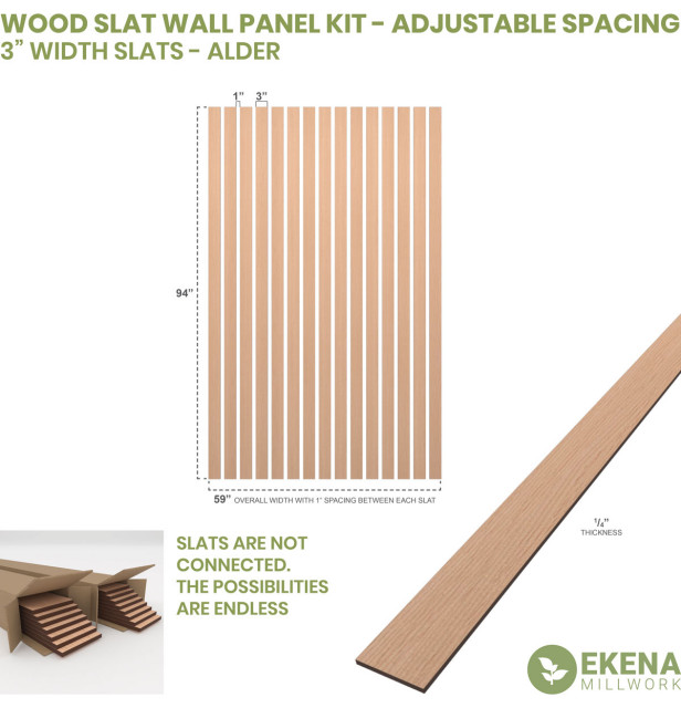 Adjustable Wood Slat Wall Panel Kit w/ 4"W Slats, Alder (contains 11 ...