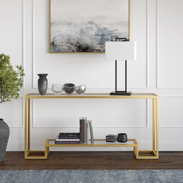 Modern Console Table, Geometric Frame With Large Glass Top & Shelf ...