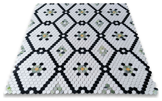 Thassos White Marble Hexagon Historic Snowflake Mosaic Tile Green, 1 ...