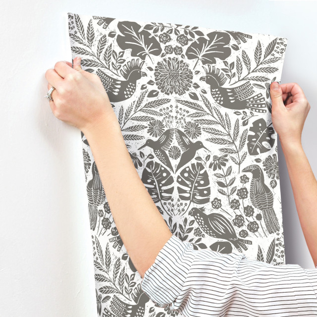 Nestle Charcoal Bird Block Print Wallpaper, Swatch - Tropical - Wallpaper - by Brewster Home ...