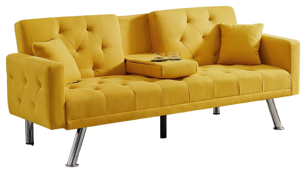 76-Inch Fabric Futon Sofa Bed with Adjustable Backrest and Cup Holder ...