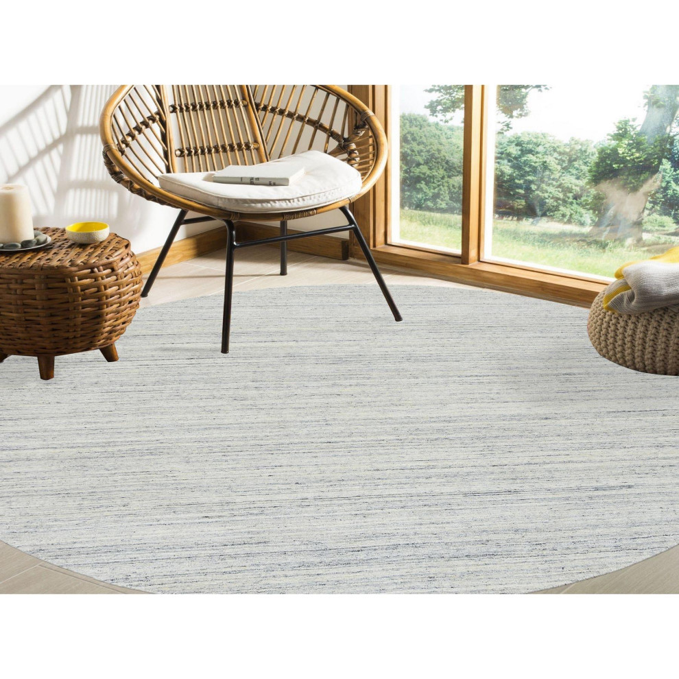 Ivory, Plain Modern Striped Design, Soft Wool Hand Loomed Round Rug, 8 ...