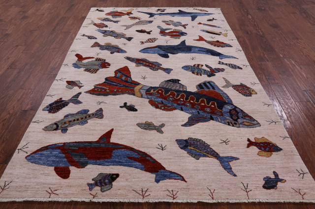 6' 0" X 8' 10" Gabbeh Fish Design Handmade Wool Rug Q10398, 6' 0" X 8 ...