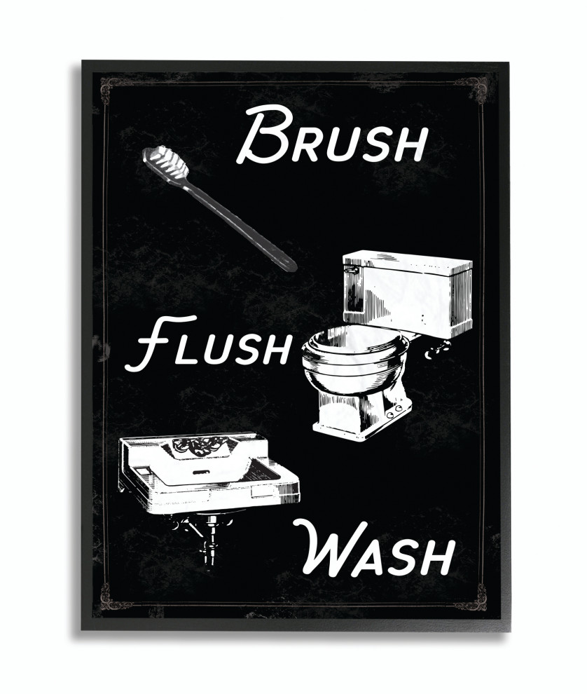 Brush Flush Wash Bathroom Black and White Word Design, 16"x20 ...