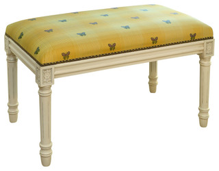Yellow Butterfly Upholstered Wooden Bench, Antique White Wash ...