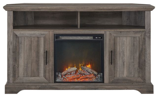 Coastal Grooved Door Fireplace Corner TV Stand for TVs up to 60” - Grey ...