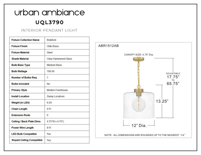 Luxury Modern Farmhouse Pendant, 13.25''H x 12''W, in Olde Brass ...