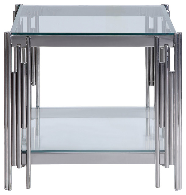 Glass Top Square End Table with Pipe Design Tubular Base, Chrome and ...