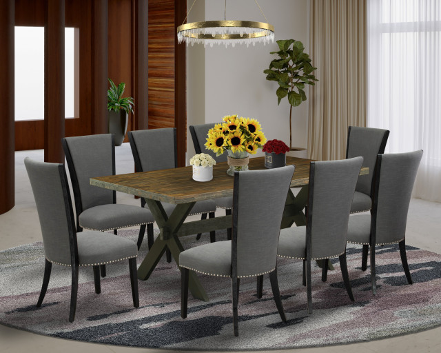 9-Piece Sets, Table and 8 Chairs With Dark Gotham Gray, Linen Fabric ...