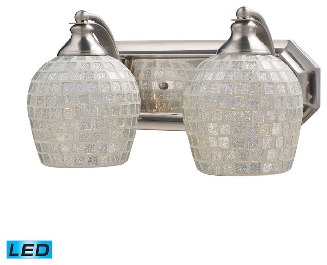 2 Light Vanity, Satin Nickel and Silver Mosaic Glass, LED - Traditional ...
