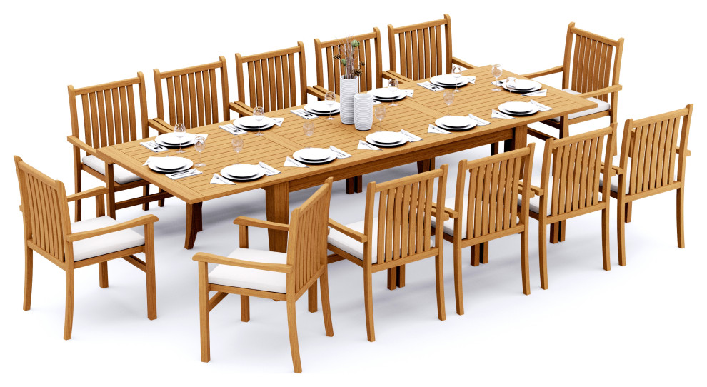 13-Piece Teak Dining Set: 122" X-Large Rectangle Table, 12 Cahyo Stacking Chairs - Transitional ...