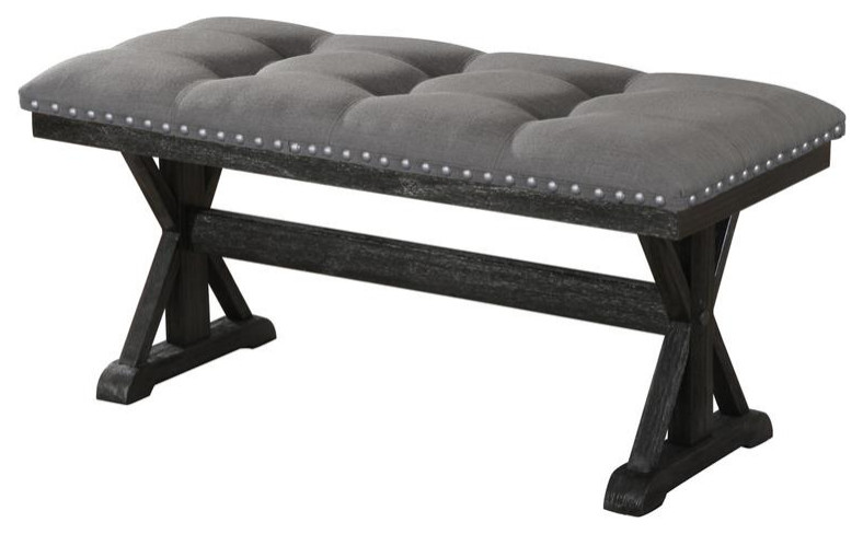 Upholstered Gray Linen Fabric Dining Bench with Tufts and Dark Espresso ...