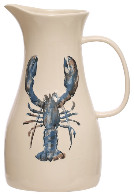 10 Inches 2-Quart Stoneware Pitcher With Lobster Print, White and Blue ...