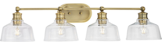 Singleton 4-Light 36" Vintage Brass Farmhouse Vanity Light, Clear Glass ...