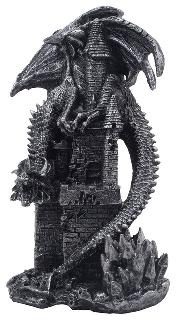 Guardian Dragon on Medieval Castle Statuette in Pewter Look Finish ...