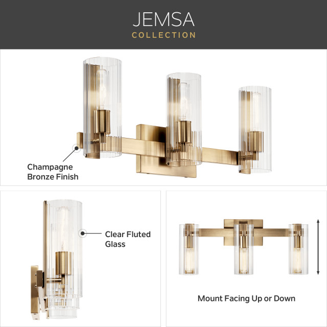 Jemsa 13.75" 2 Light Vanity With Clear Fluted Glass, Black ...