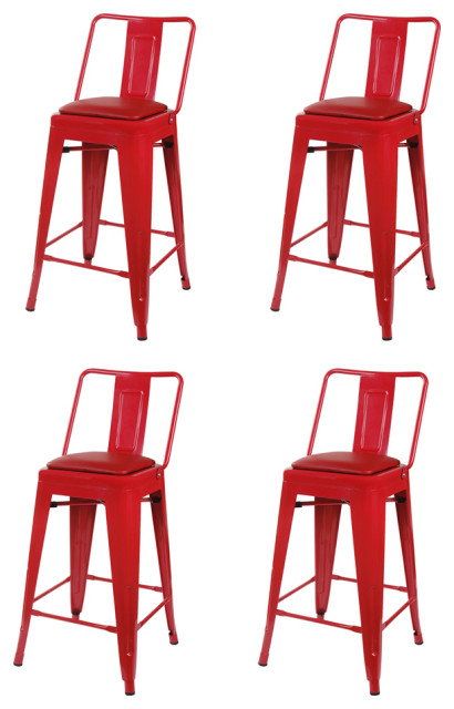 Metal Red Bar Stools With Middle Back Red Vegan Leather Seat, Set of 4 ...