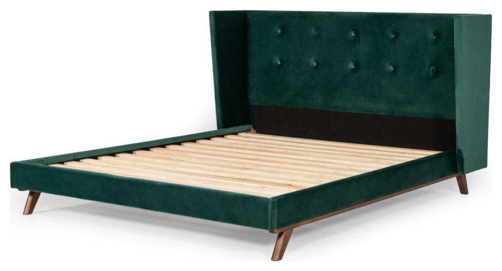 Ginger Green Fabric and Walnut Bed, Queen - Midcentury - Platform Beds ...
