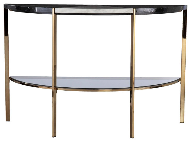 Contemporary Half Moon Console Table with Open Glass Shelf, Two-Tone ...