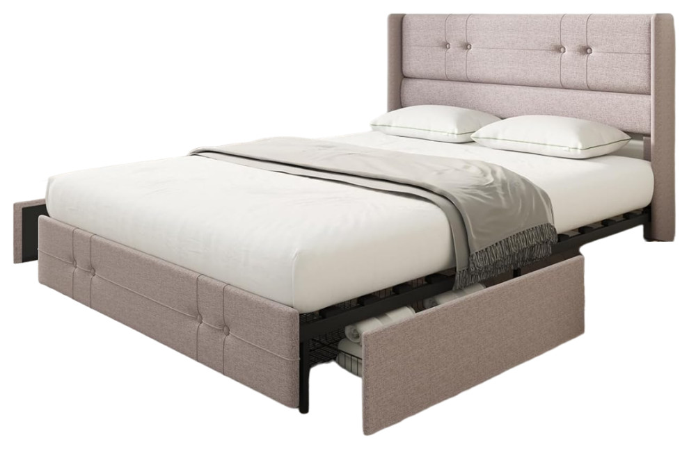 Modern Platform Bed, Slatted Support With 4 Wheeled Storage Drawers ...