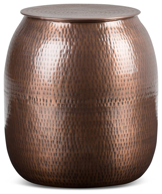 Contemporary End Table, Hammered Drum Shape & Removable Top, Antique ...