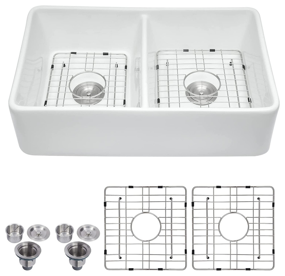 Ceramic Double Bowl Farmhouse Kitchen Sink with Sink Grid and Basket ...
