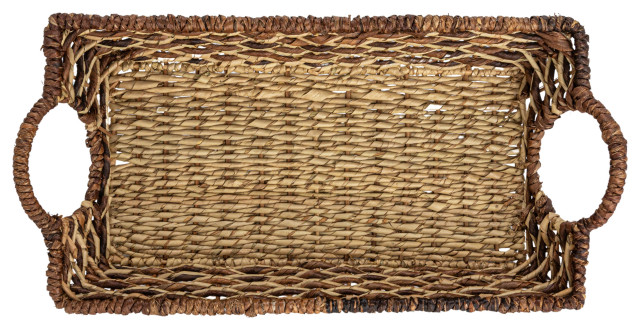 Hand-Woven Buri and Abaca Trays With Handles, Natural and Brown, Set of ...