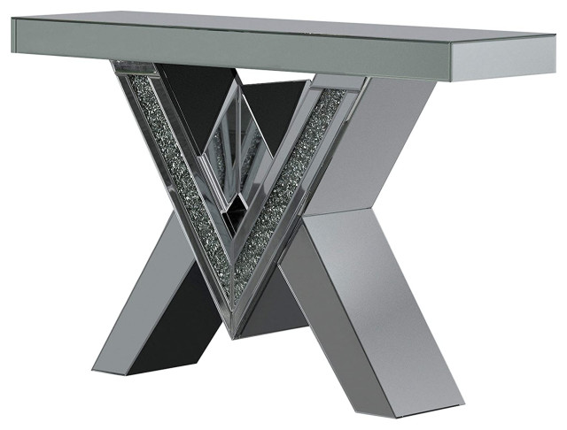 Elegant Console Table, Mirrored Design With V-Shaped Details & Glass ...