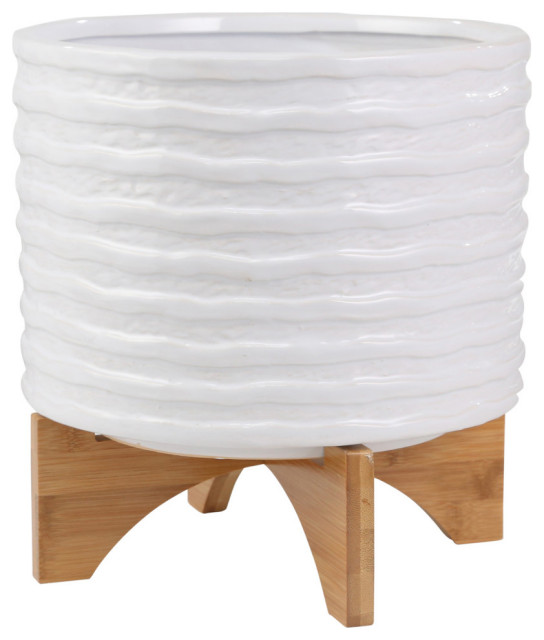 Ceramic 12" Planter On Stand, White Stripe - Scandinavian - Indoor Pots ...