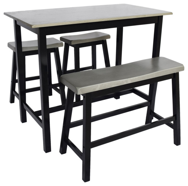 Pub Set, Rectangular Table With Rubberwood Chairs & Bench, Grey/Black ...