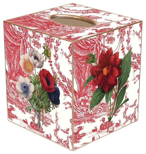 TB842-Red Flowers on Red Toile Tissue Box Cover - Traditional - Tissue ...