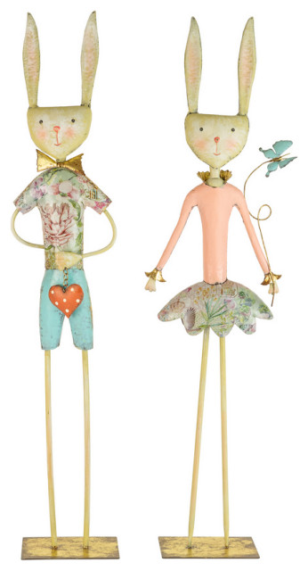 Set of Two Painted Metal Long Leg Boy and Girl Rabbits - Eclectic ...