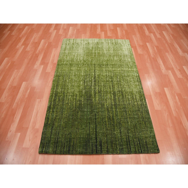 Green Organic Wool Vertical Ombre Design Zero Pile Hand Knotted Rug, 4 ...