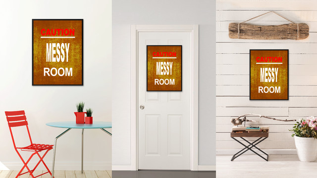 "Caution Messy Room" Sign Brown Print on Canvas with Picture Frame, 13 ...