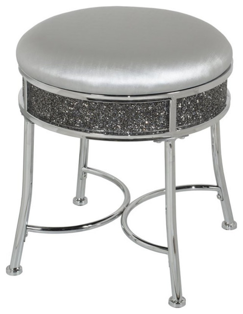 Bowery Hill Modern Fabric Upholstered Backless Vanity Stool in Chrome ...
