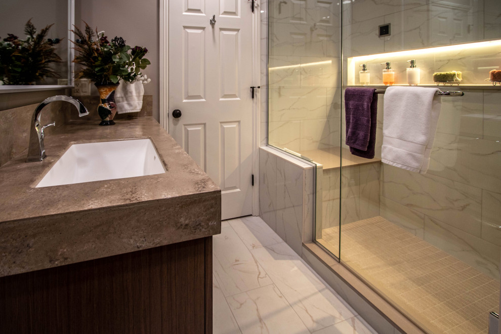Spa Bath with Tile Steam Shower, Walnut Cabinetry and Solid Surface ...